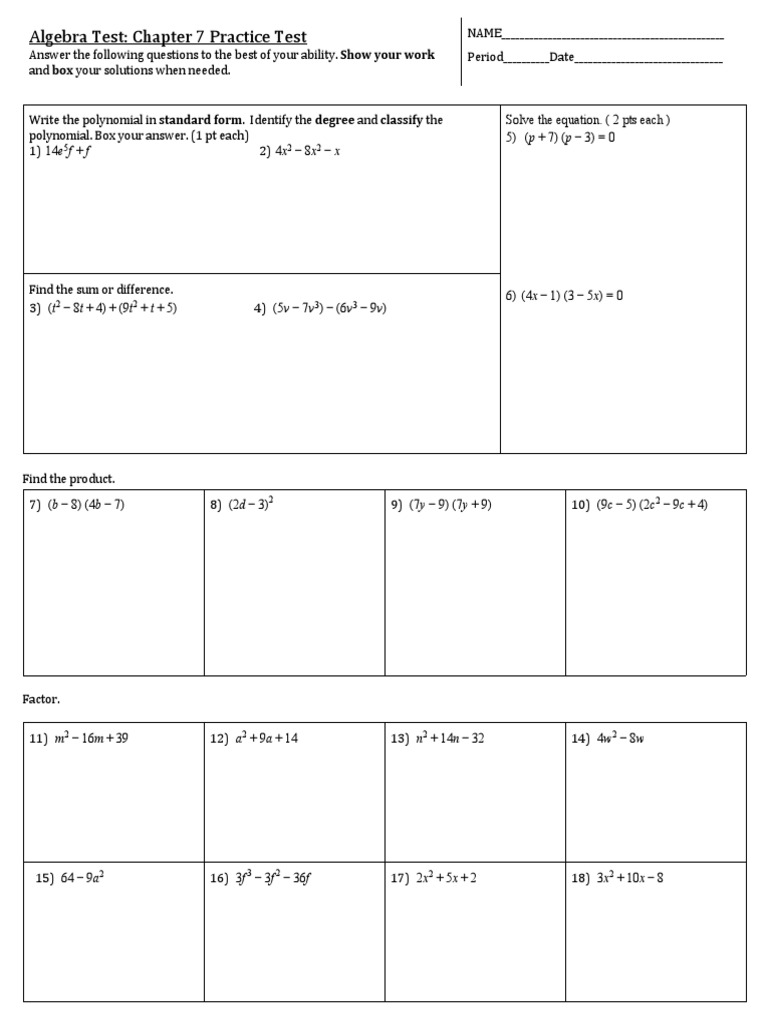 Algebra Chapter 7 Practice Test: Solving Polynomial Equations ...