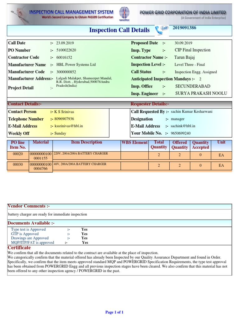 Inspection Call Details: CIP Final Inspection Tarun Bajaj | PDF | Business