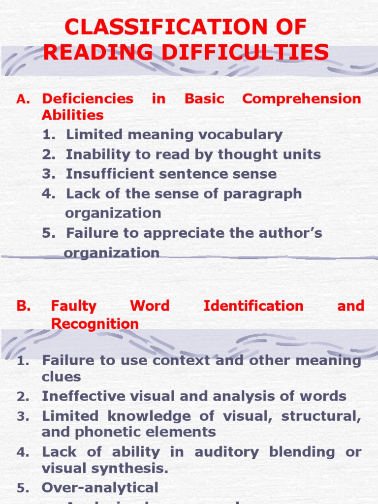 Classification of Reading Difficulties (Mam Jane) | PDF | Hearing Loss ...