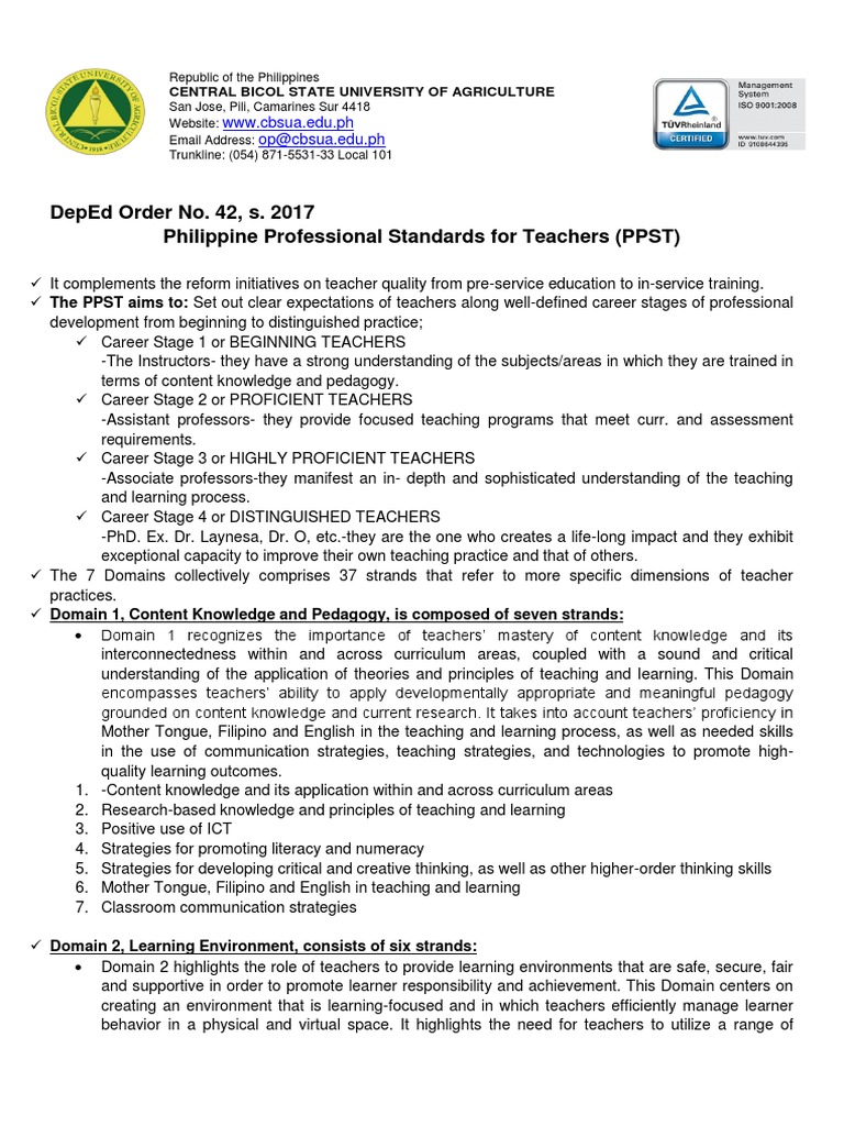 Deped Order No. 42, S. 2017 Philippine Professional Standards For ...