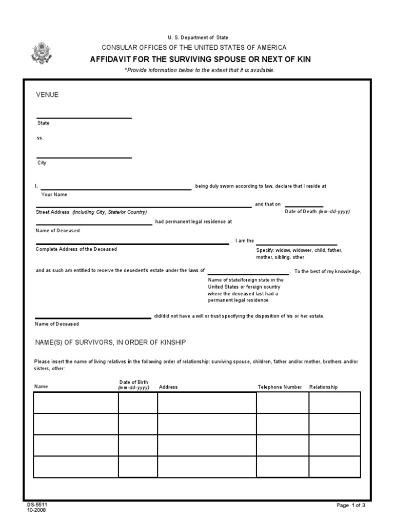 Surviving Spouse Affidavit Form DS-5511 | PDF | Affidavit | Civil Law ...