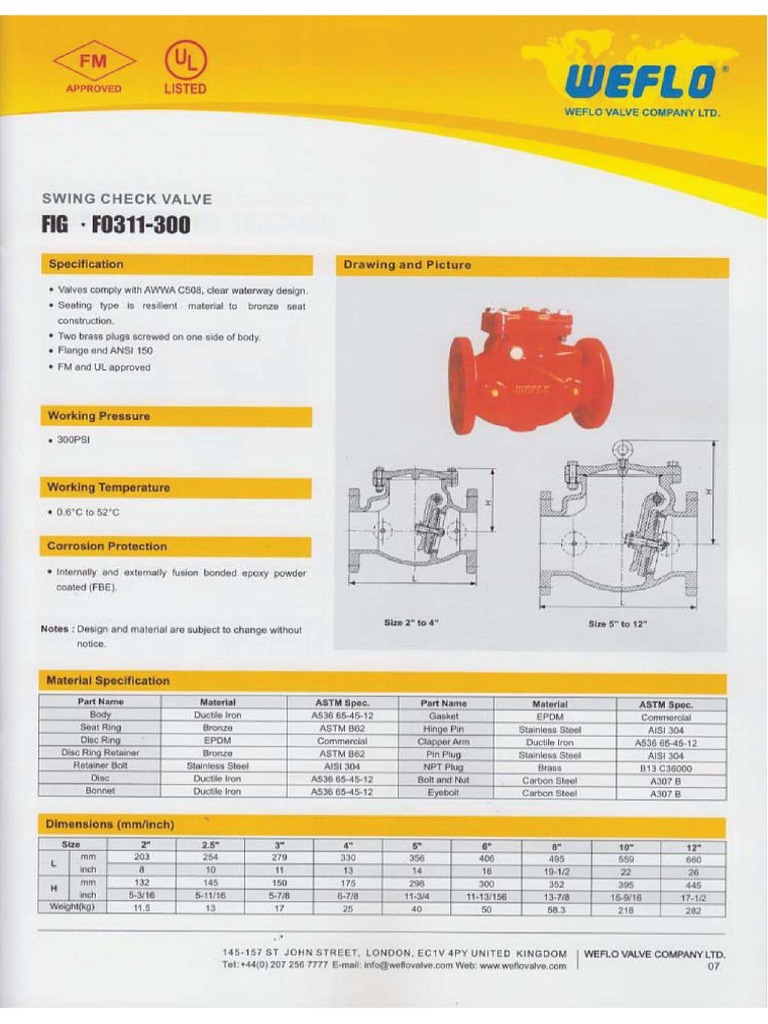 WEFLO Swing Check Valve F0311 300PSI UL Data | PDF