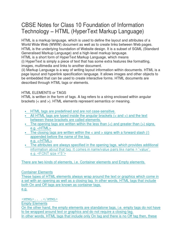 Cbse Notes For Class 10 Foundation of Information Technology - HTML ...