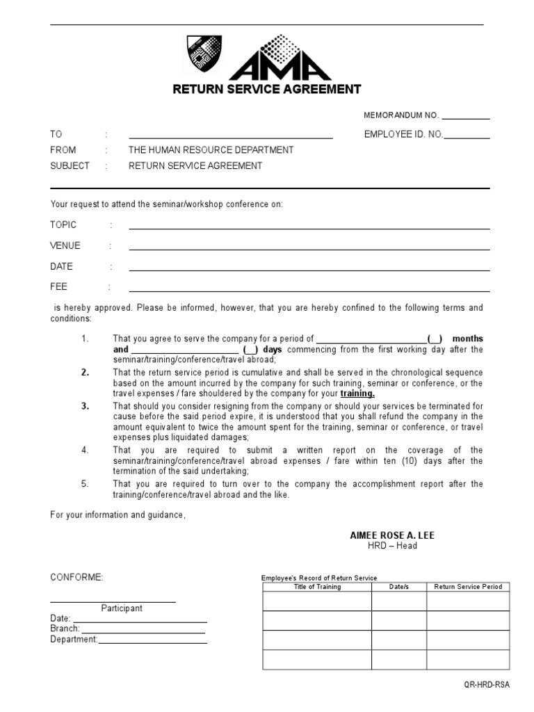 Return Service Agreement Months And Days Commencing From 