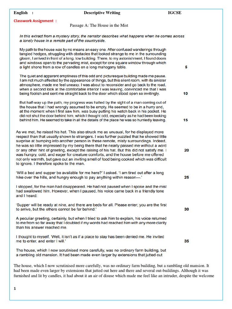 Classwork Assignment:: English: Descriptive Writing Igcse | PDF ...
