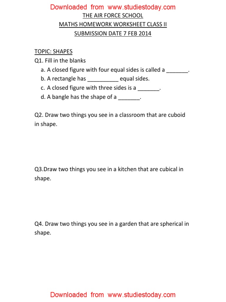 CBSE Class 2 Maths Practice Worksheets (103) - Shapes PDF | PDF