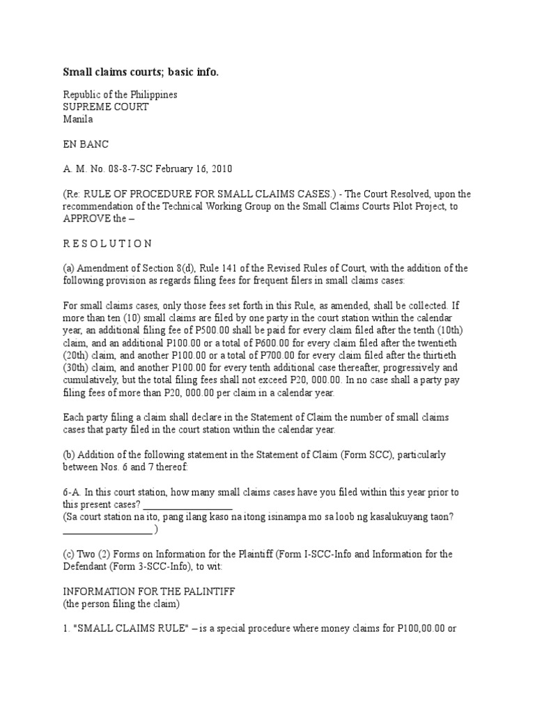Rules On Small Claims | PDF | Settlement (Litigation) | Service Of Process
