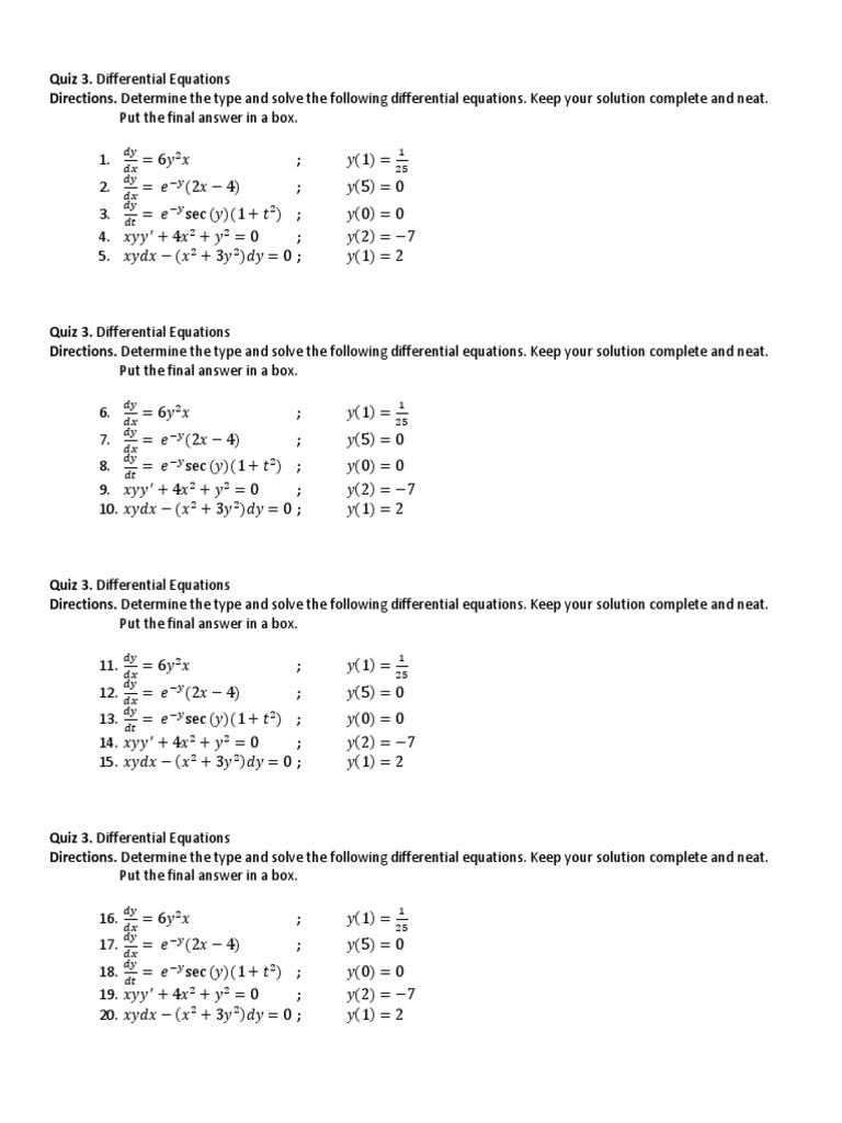 Differential Equations Quiz Solutions | PDF