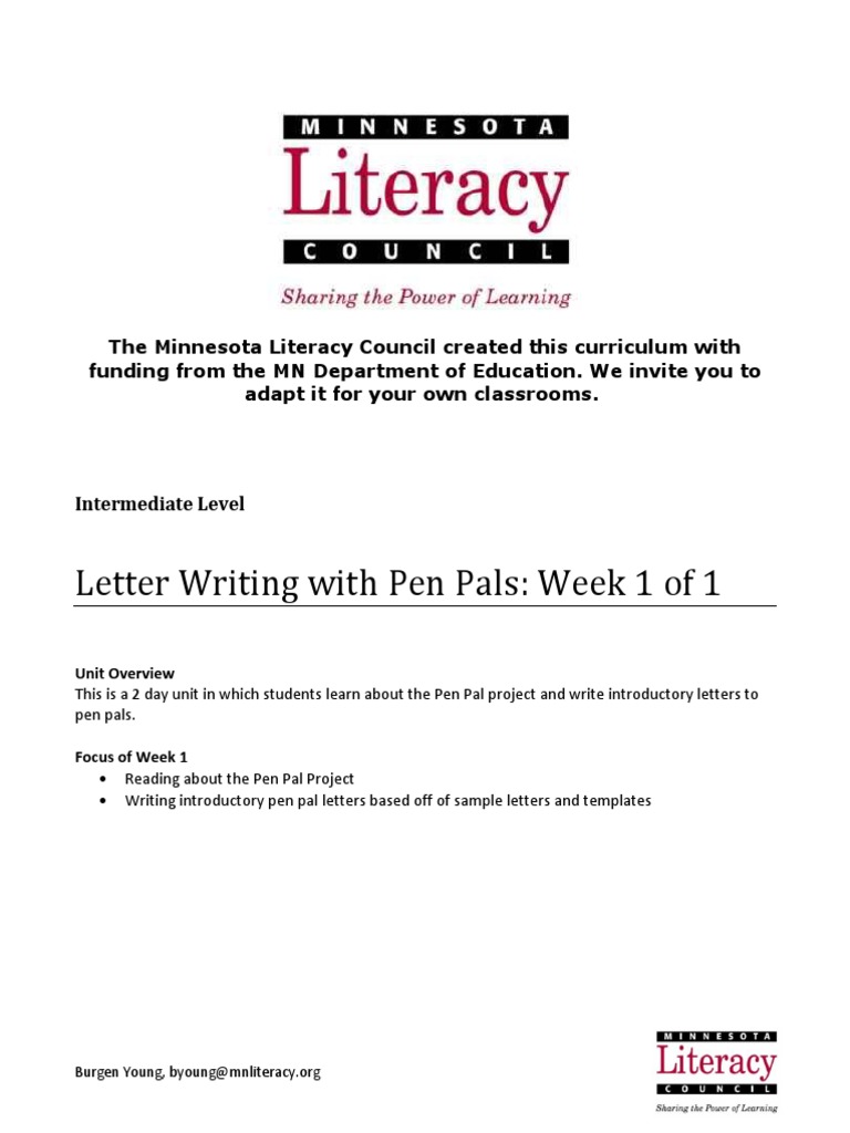 Letter Writing With Pen Pals: Week 1 of 1 | PDF | Lesson Plan ...