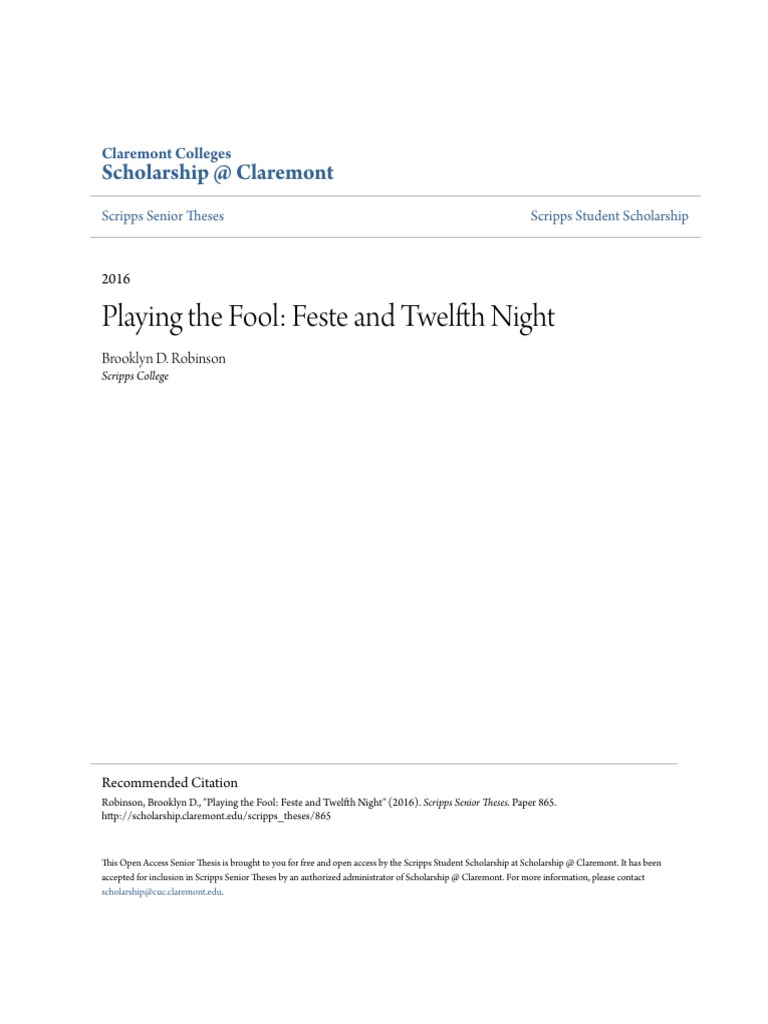 Playing The Fool - Feste and Twelfth Night | PDF | Twelfth Night | Gender