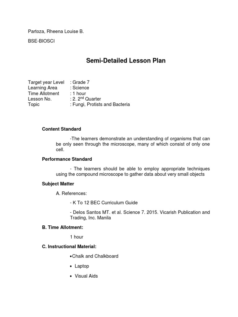 Grade7 Lesson Plan (Fungi, Protist and Bacteria) | PDF | Lesson Plan ...