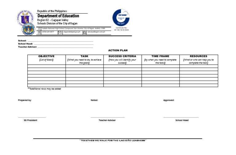 Ilagan Schools Action Plan Template | PDF