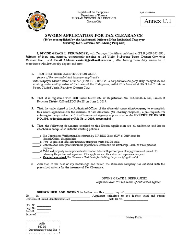 Sworn Application For Tax Clearance Annex C 1 Ruf | PDF | Identity ... Sworn Application For Tax Clearance Annex C 1 Ruf | PDF | Identity ...