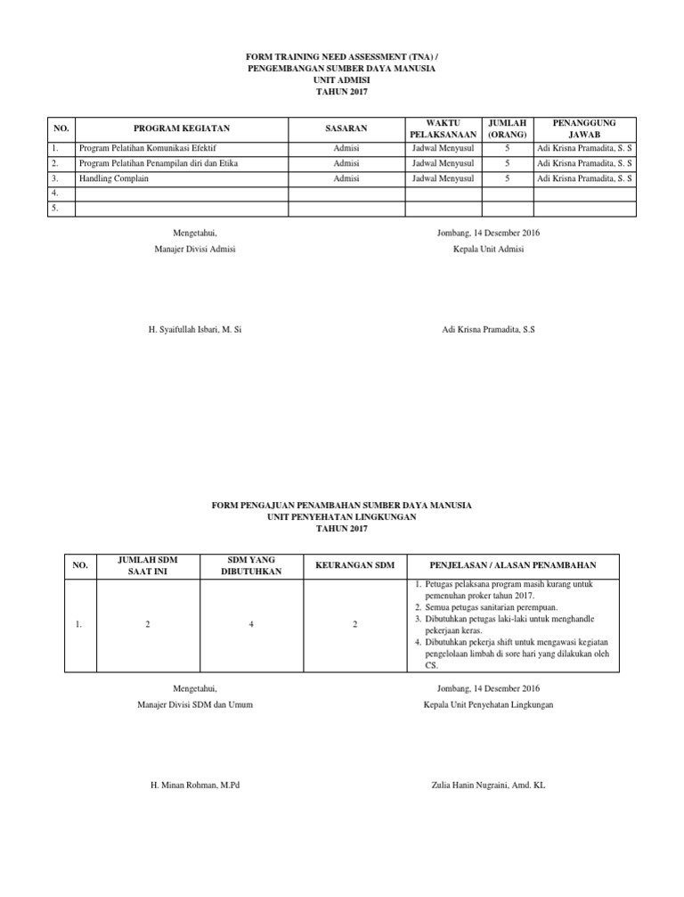 Form Training Need Assessment Admisi | PDF