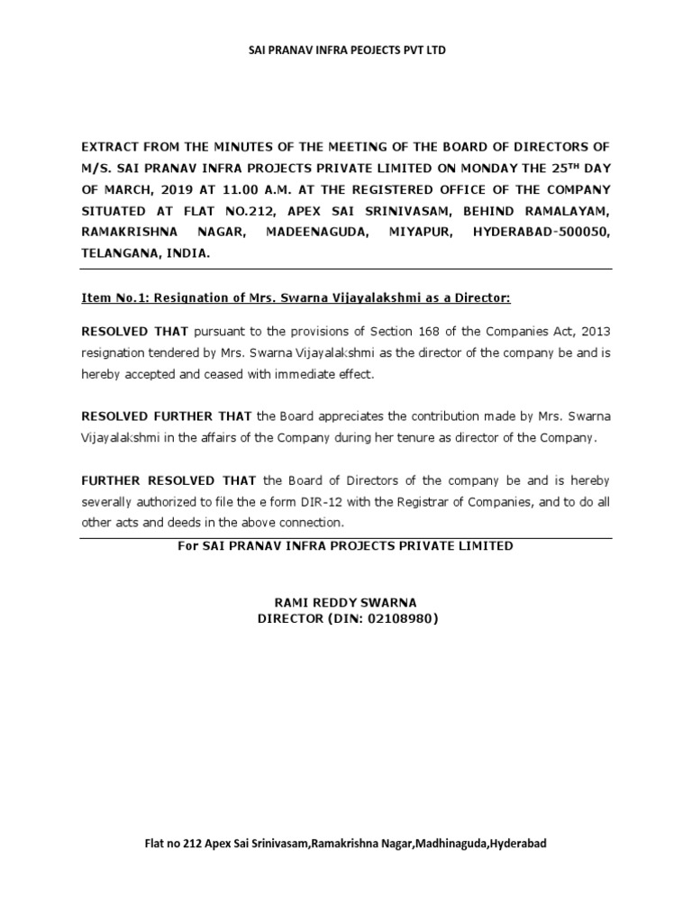 Board Resolution Resignation | PDF