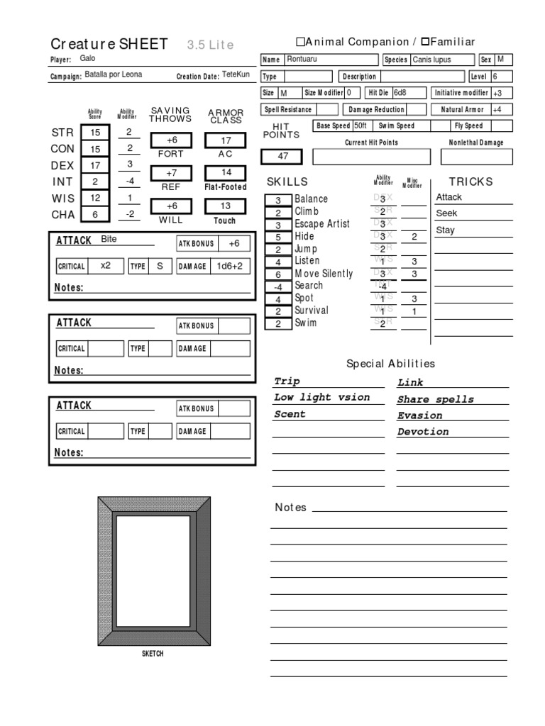 Creature SHEET: 3.5 Lite | PDF | Leisure | Sports