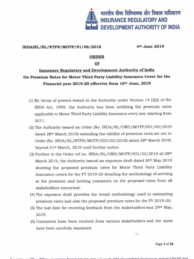 Motor TP Premium Rates For The FY 2019-20 - Order PDF | PDF