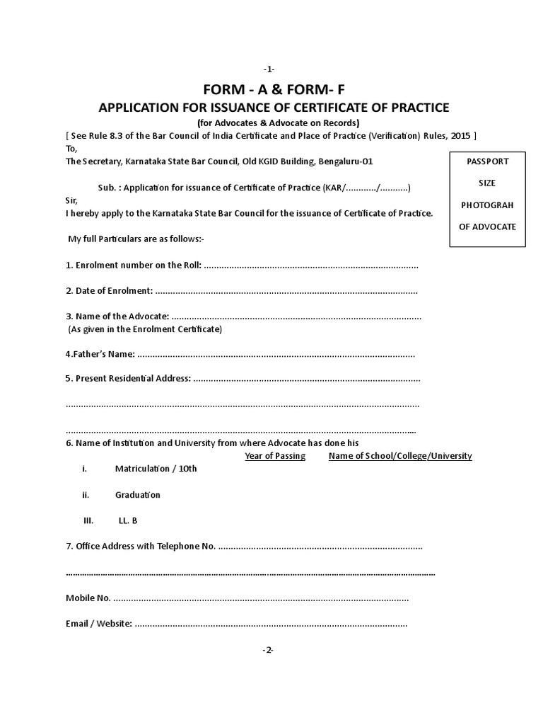 Form - A & Form-F: Application For Issuance of Certificate of Practice ...