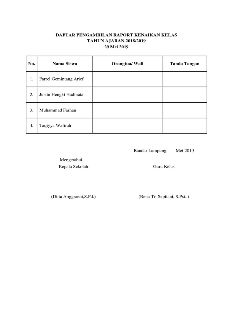 Daftar Pengambilan Raport Kenaikan Kelas | PDF