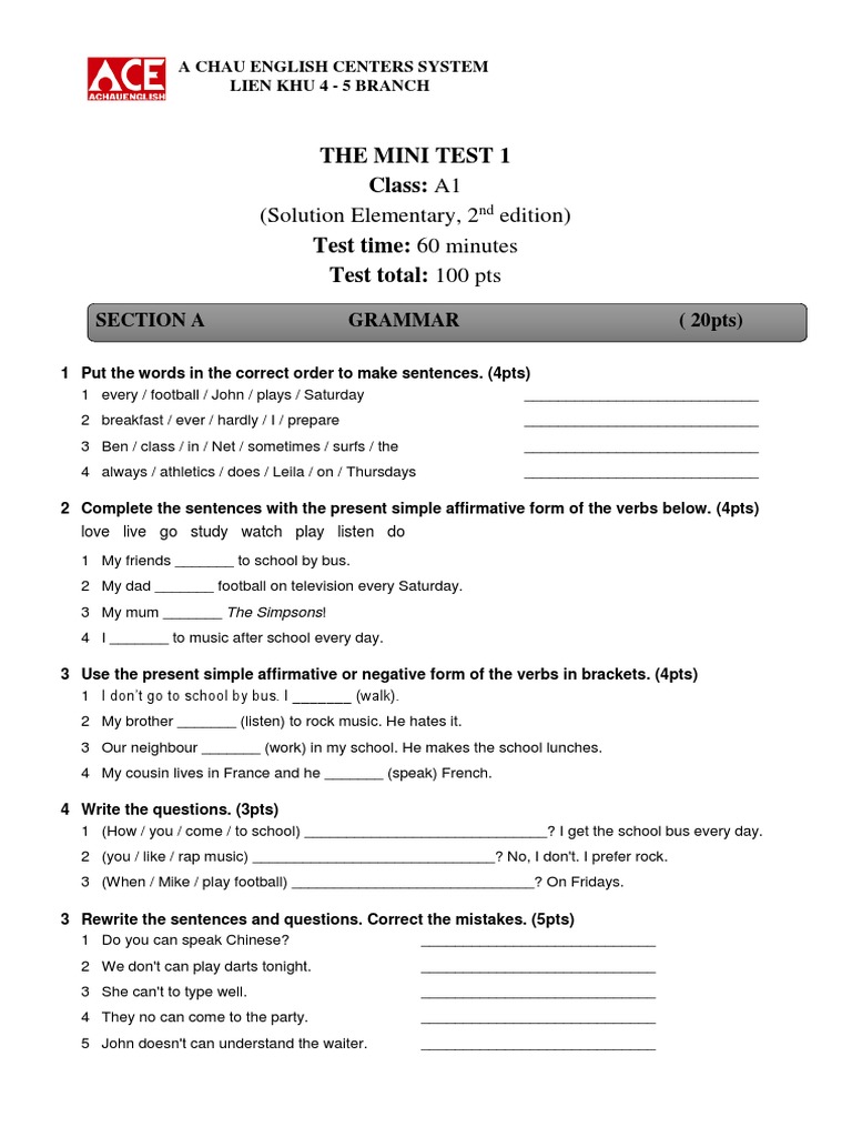 A1 Mini Test: Grammar & Vocabulary | PDF | Sports