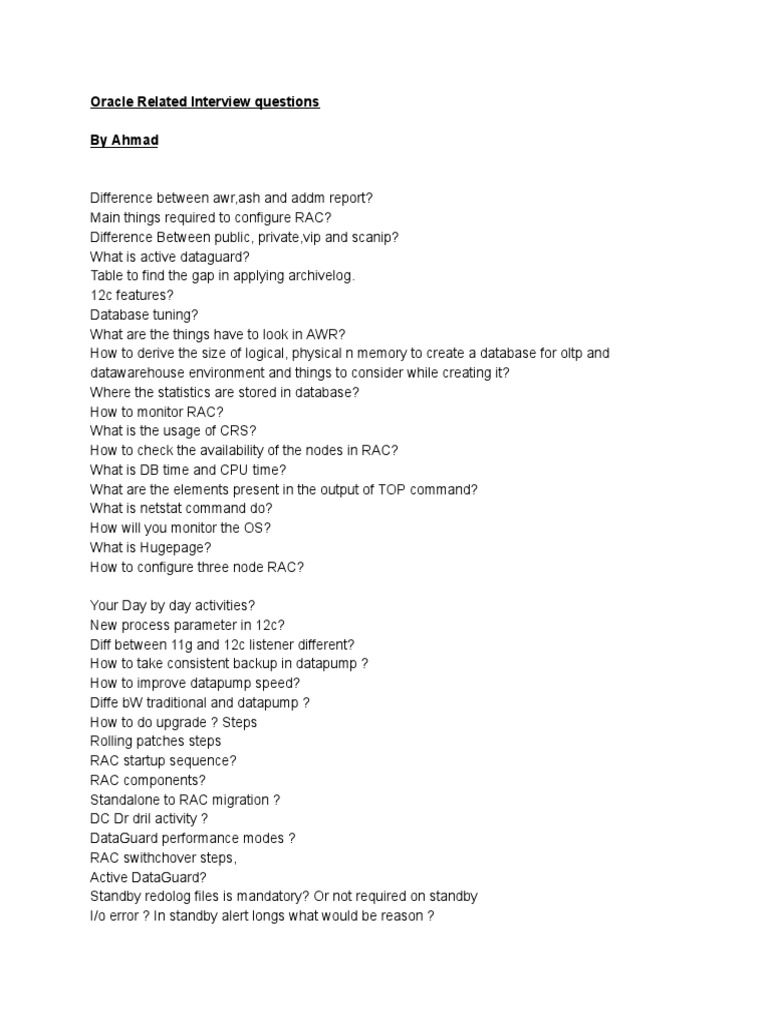 Oracle Interview Questions Pdf Oracle Database Computer Cluster