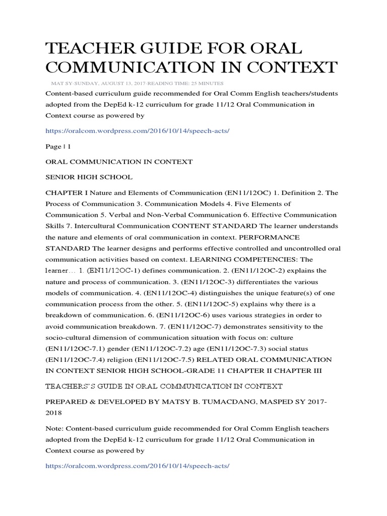 Teacher Guide For Oral Communication in Context | PDF | Nonverbal ...