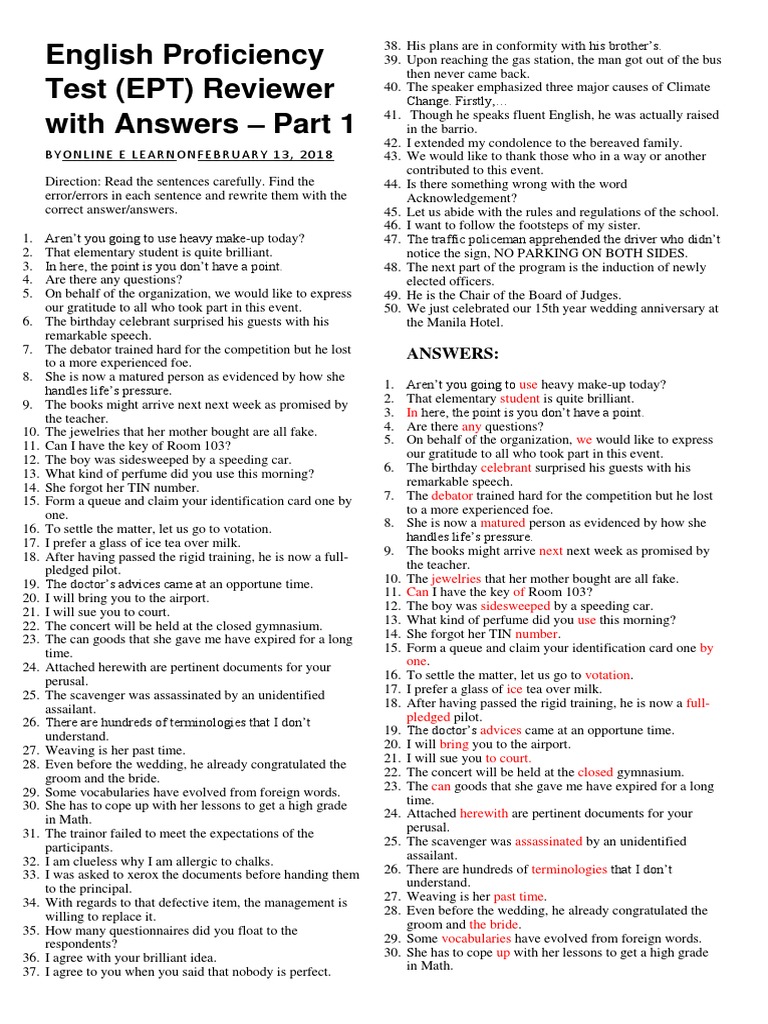 EPT Reviewer with Answers: Part 1 & 2 | PDF