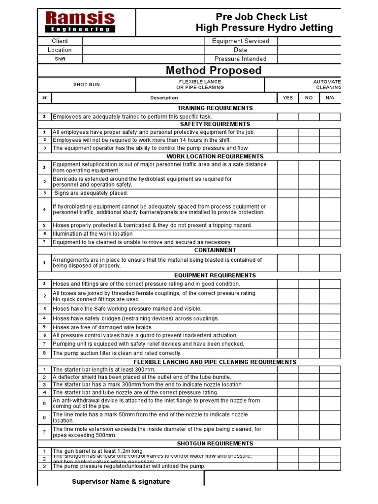 364-Pre Job Check List High Pressure Hydro Jetting Rev 000 | PDF ...