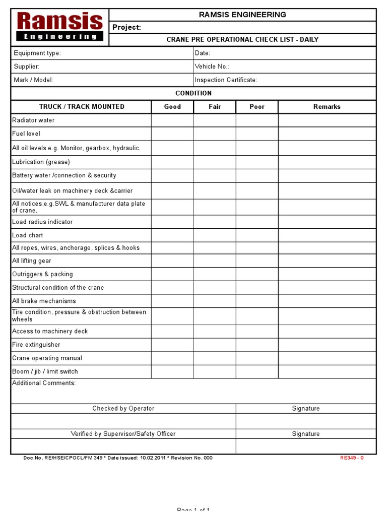 349-Crane Pre-Operational Check List Rev 000 | PDF