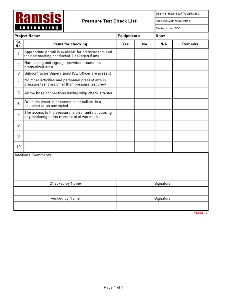 Pressure Test Checklist Form RE/HSE/PTCL/FM 362 | PDF