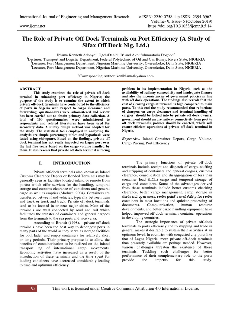 The Role of Private Off Dock Terminals On Port Efficiency (A Study of ...
