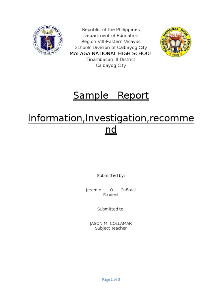 Sample Report Information, Investigation, Recomme ND: Malaga National ...