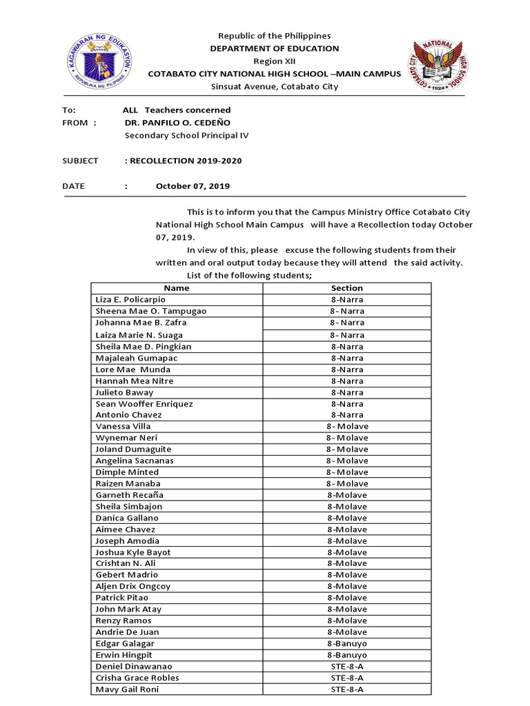 Excuse Letter Recollection Diamond | PDF