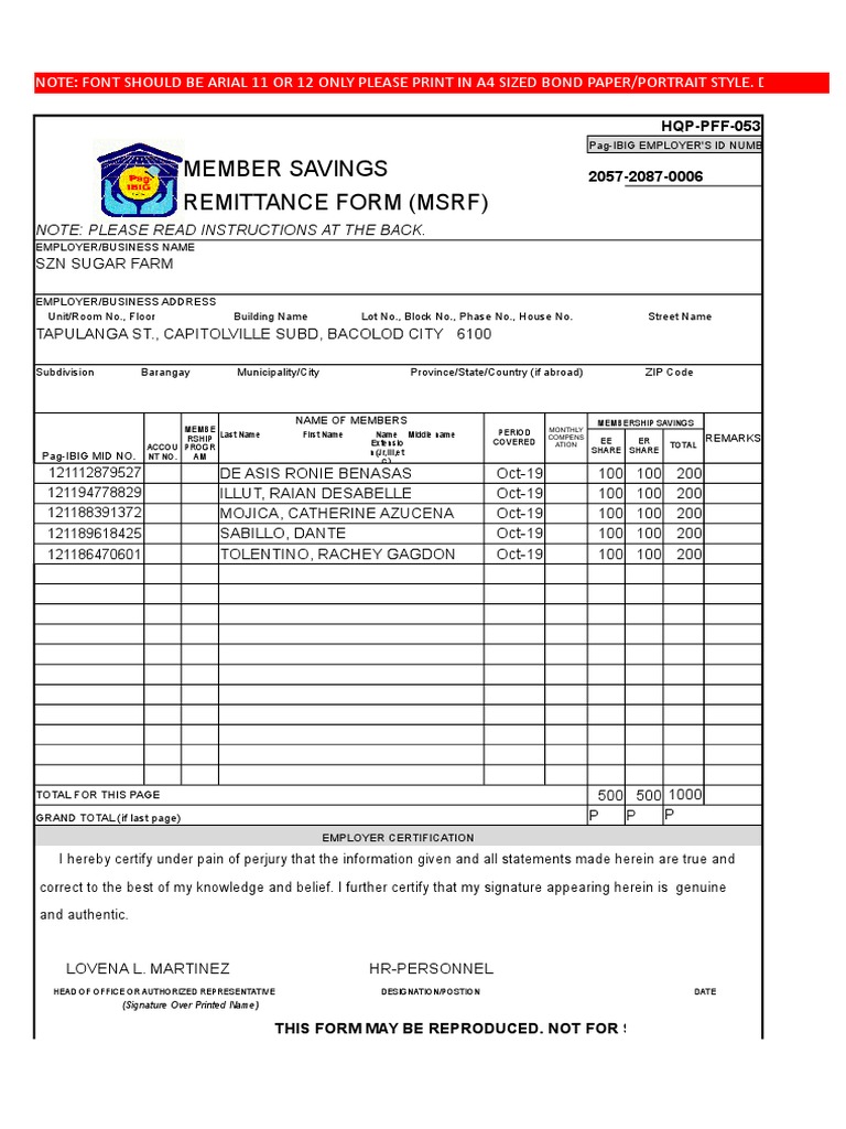 Member Savings Remittance Form (MSRF) : HQP-PFF-053 | PDF