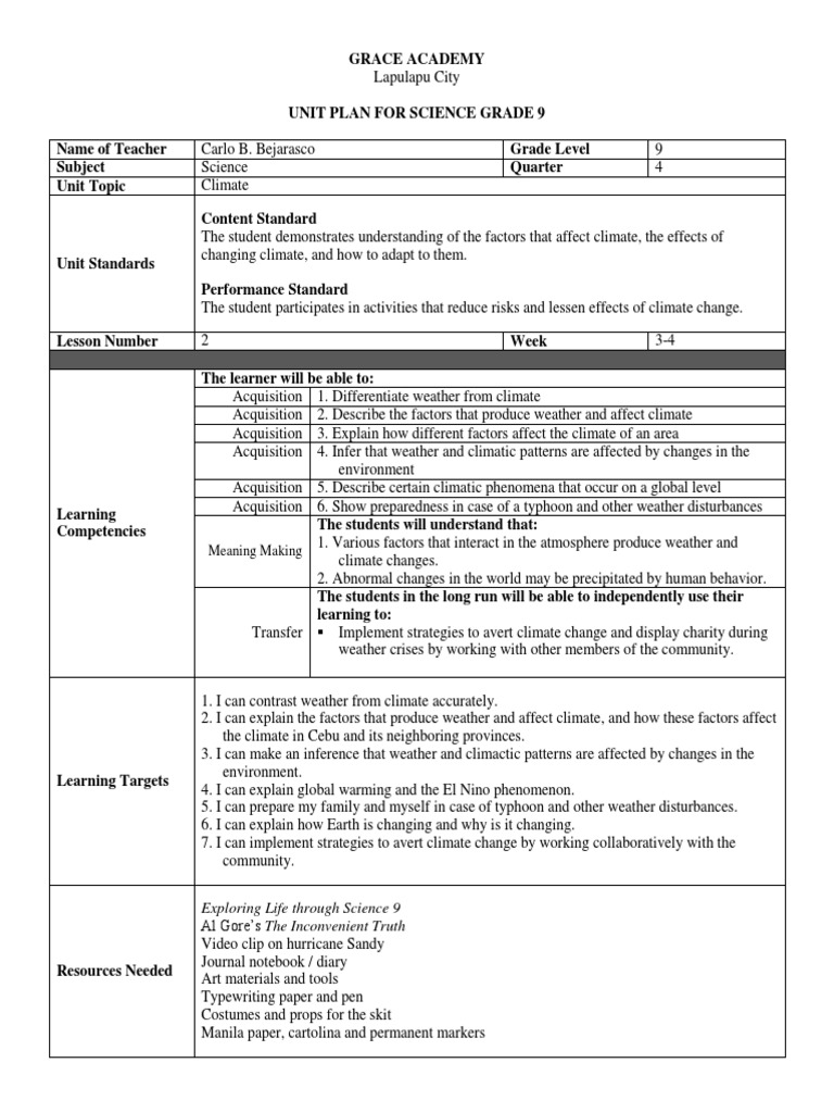PEAC Learning Plan (Science) | PDF | Rubric (Academic) | Weather