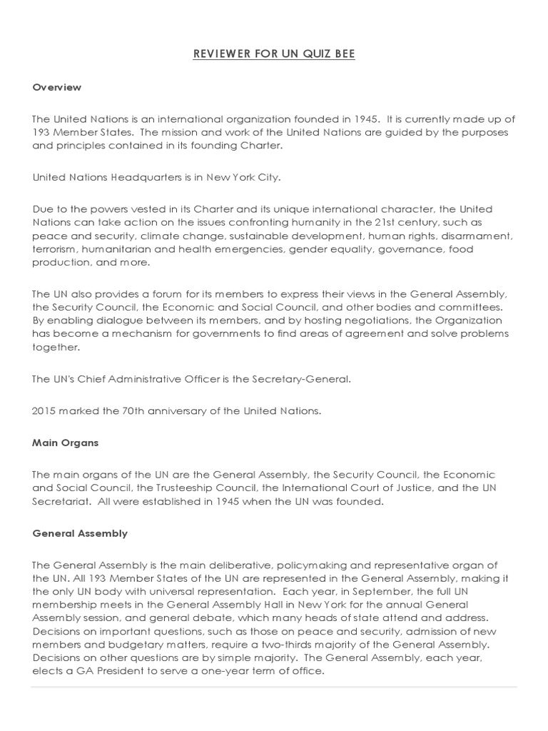 Reviewer For Un Quiz Bee | PDF | United Nations General Assembly ...