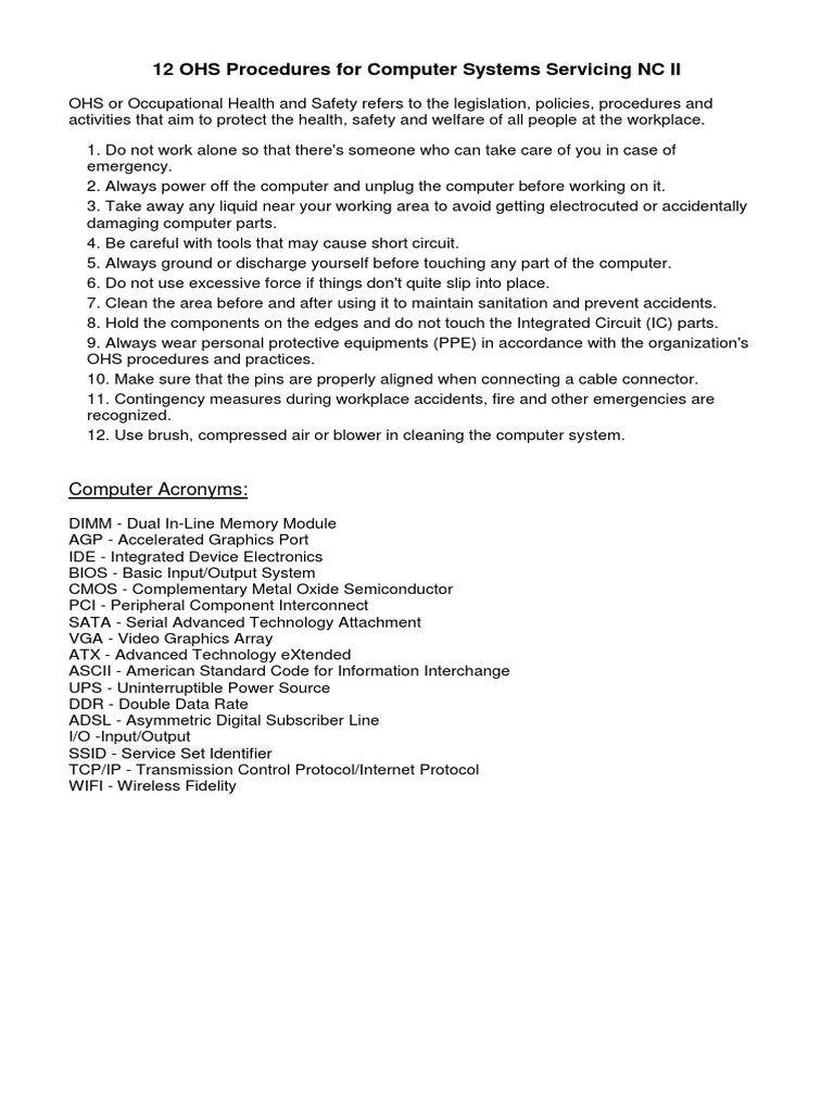 12 OHS Procedures For Computer Systems Servicing NC II | PDF | Business ...