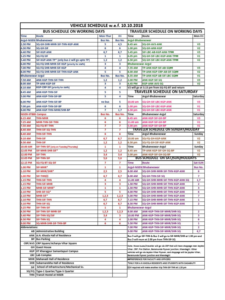 VEHICLE SCHEDULE W.E.F. 10.10.2018: Bus Schedule On Working Days ...