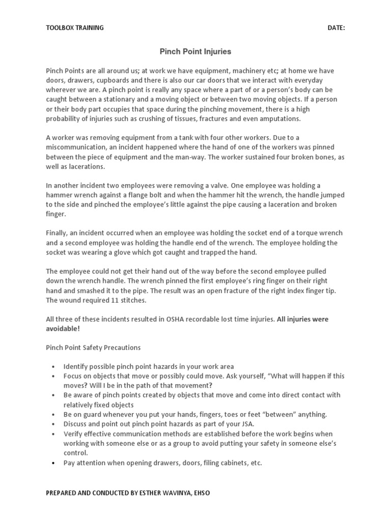 Pinch Point Injuries: Toolbox Training Date | PDF | Hand | Wound