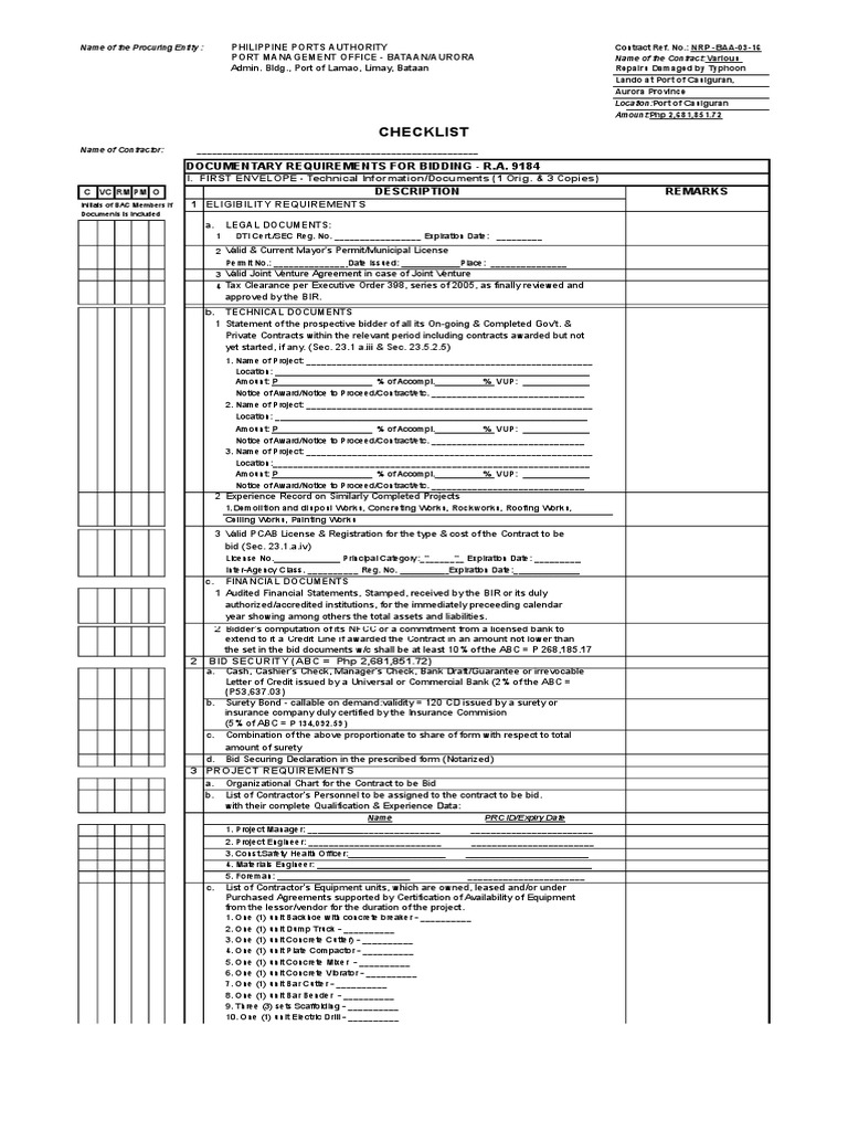 Checklist: Documentary Requirements For Bidding - R.A. 9184 Description ...