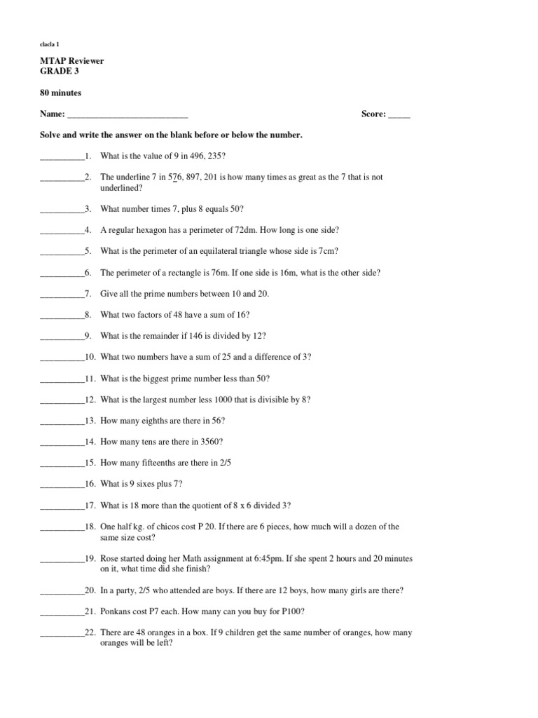 MTAP Reviewer Grade 3 | PDF | Elementary Mathematics | Teaching Mathematics