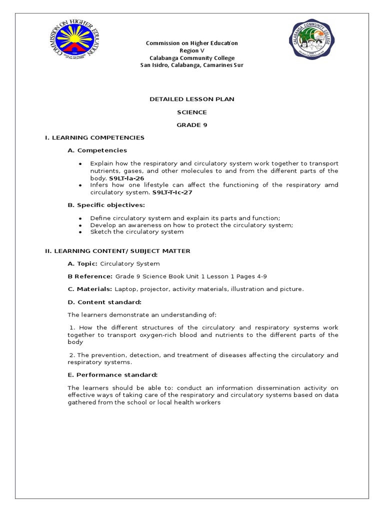 Grade 9 Circulatory System Lesson Plan | PDF | Heart Valve | Heart