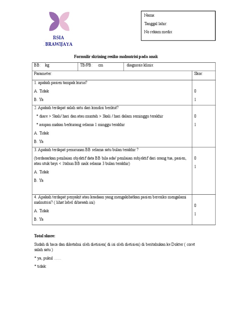 Formulir Skrining Resiko Malnutrisi Pada Anak | PDF