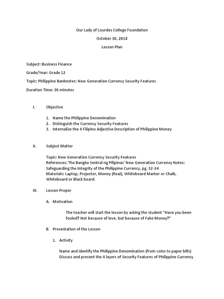 Lesson Plan | PDF | Banknote | Money