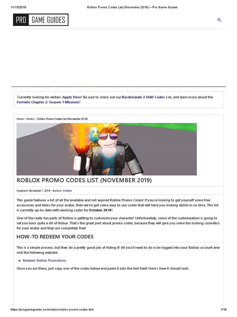 Roblox Promo Codes List (November 2019) - Pro Game Guides PDF | PDF