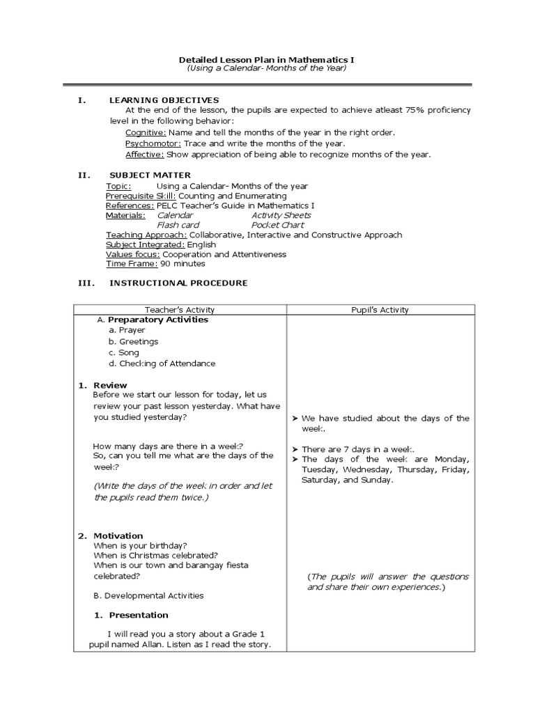Detailed Lesson Plan in Mathematics 1.do | PDF | Lesson Plan ...