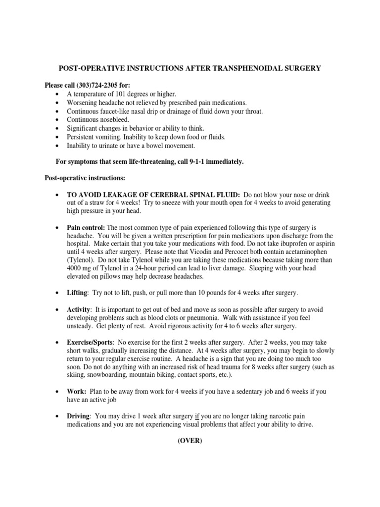Post-Op Care After Transsphenoidal Surgery | PDF | Constipation | Headache