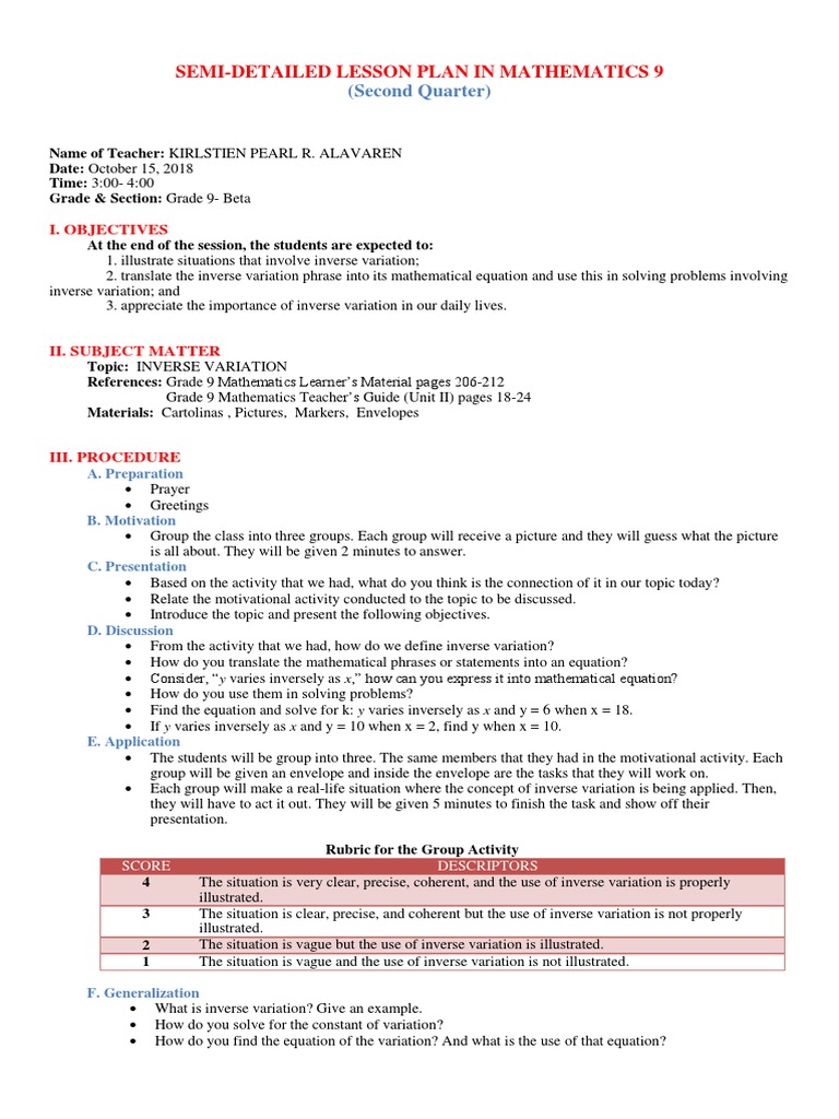 Semi-Detailed Lesson Plan | PDF | Lesson Plan | Teaching Mathematics