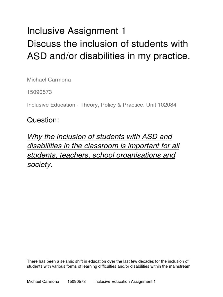 Inclusive - Assignment 1 | PDF | Inclusion (Education) | Special Education