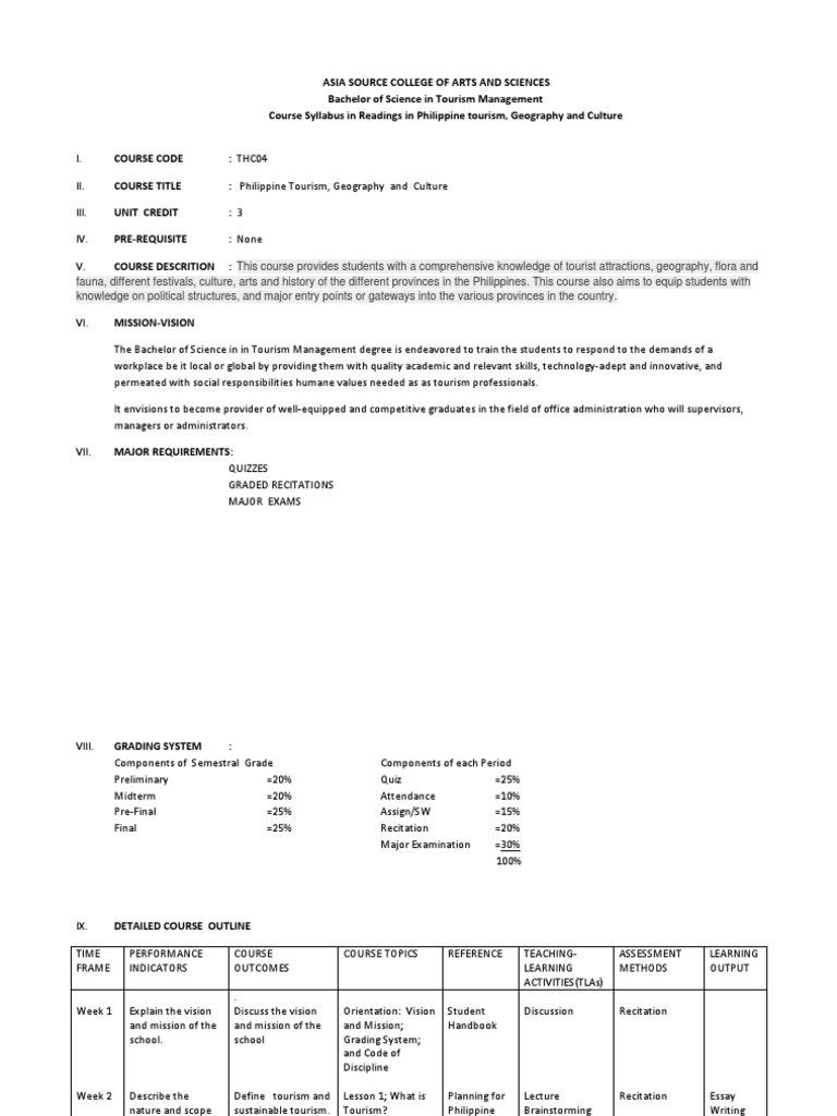 Syllabus Philippine Tourism | PDF | Tourism | Philippines